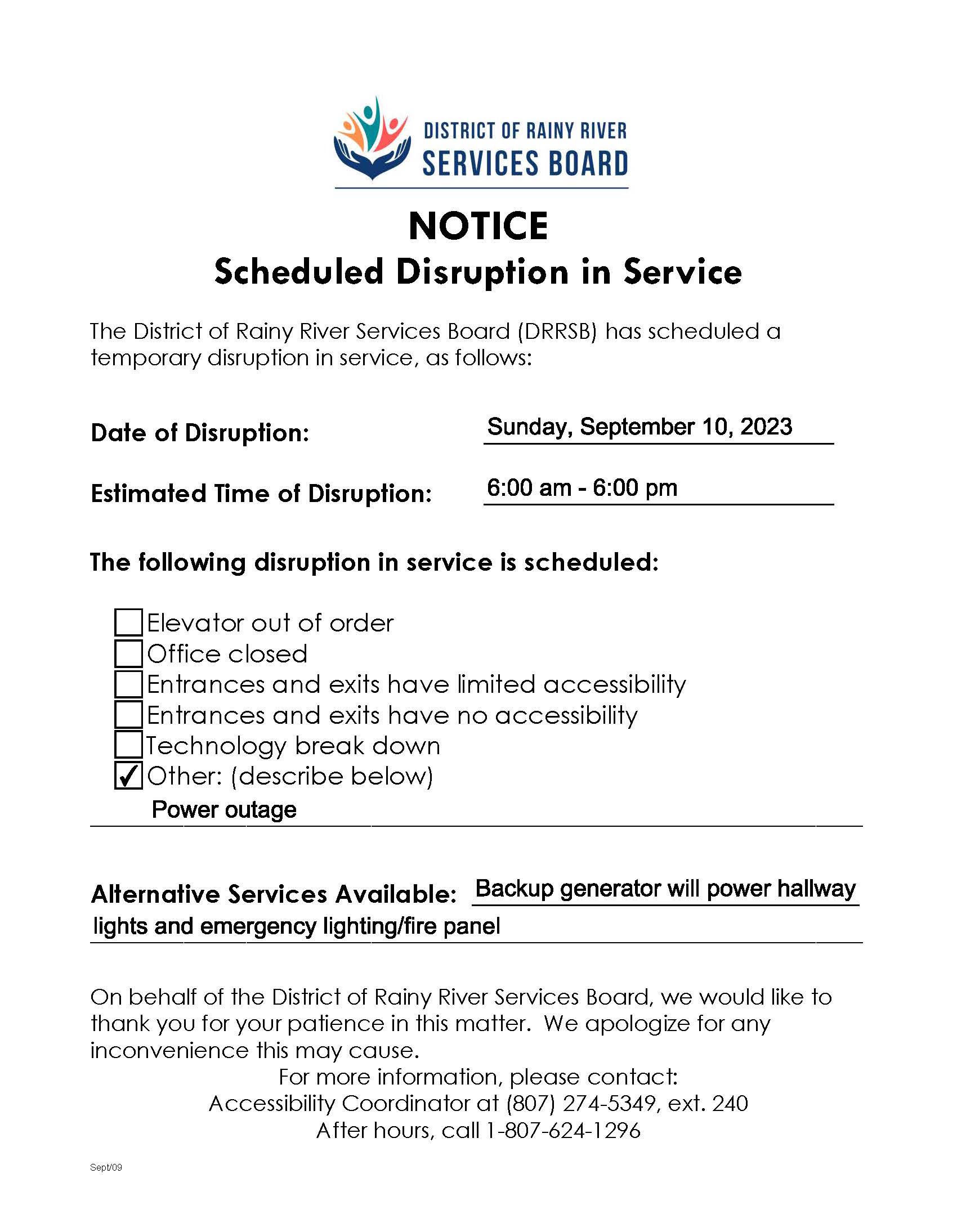 Notice of Service Disruption (Sept. 10) - RRDSSAB